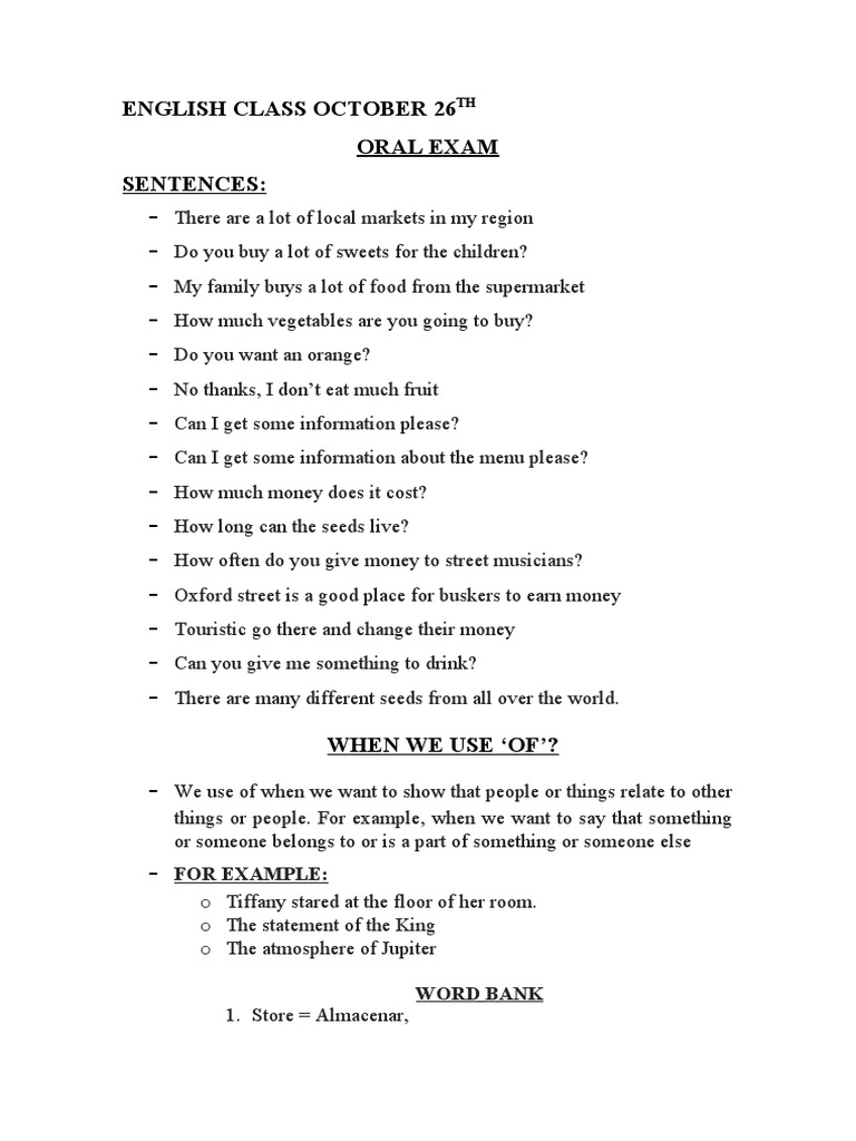 English Class Oral Exam Sentences | PDF | Foreign Language Studies