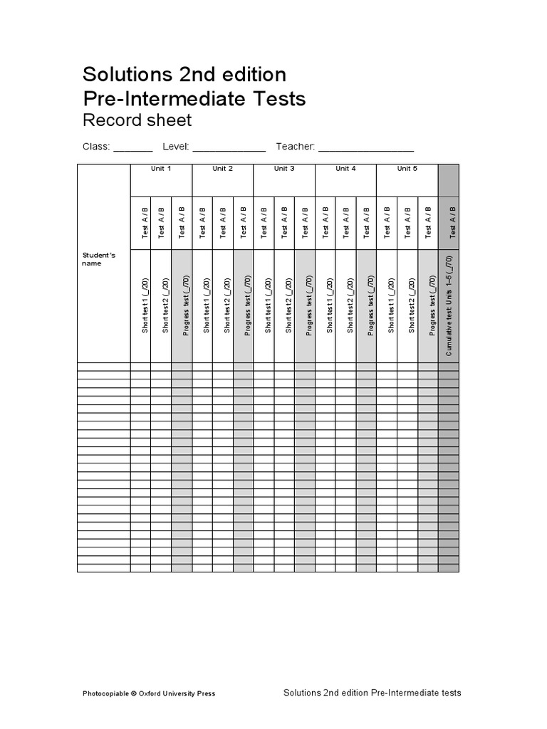 Solutions 2nd Edition Pre-Intermediate Tests: Record Sheet | PDF