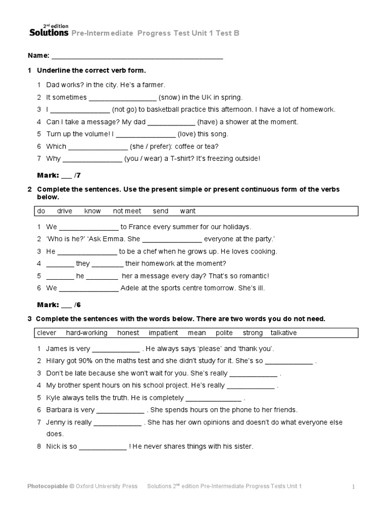 Pre-Intermediate Progress Test Unit 1 Test B: Photocopiable © Oxford ...