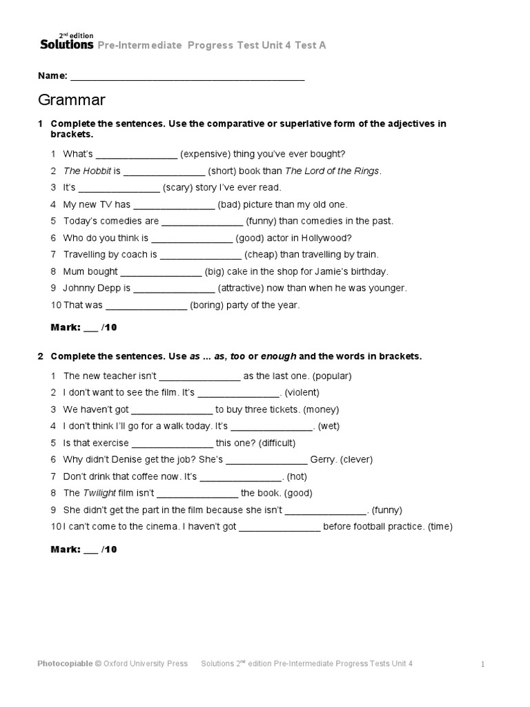 Grammar: Pre-Intermediate Progress Test Unit 4 Test A | PDF | Academy ...