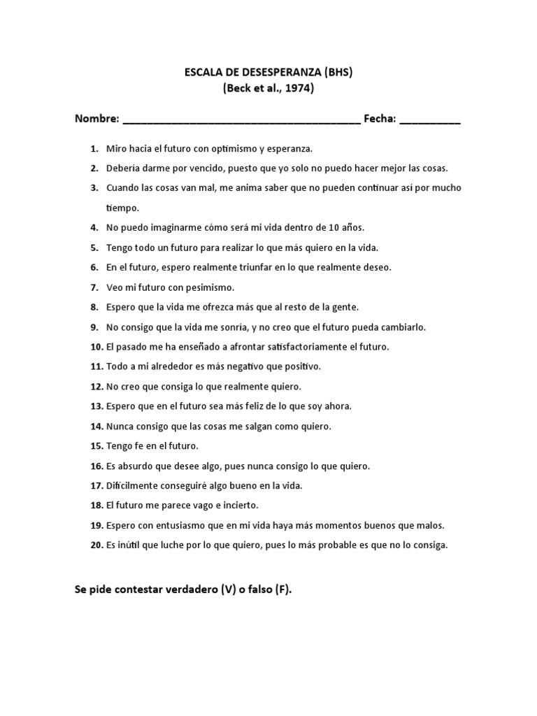 Escala de Desesperanza (BHS) (Beck Et Al., 1974) Nombre: - Fecha | PDF