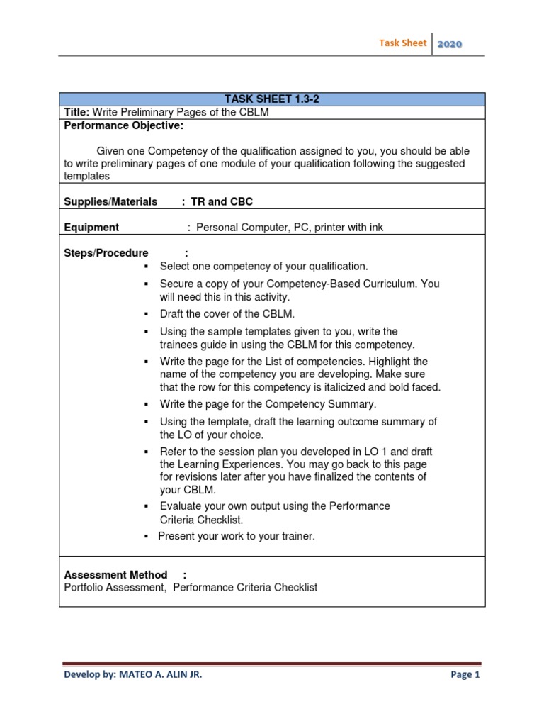 Task Sheet 1.3-2 Title: Write Preliminary Pages of The CBLM Performance Objective | Download ...