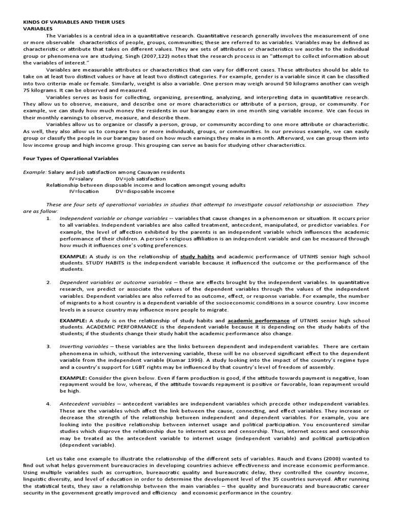 Kinds of Variables and Their Uses | PDF | Level Of Measurement ...