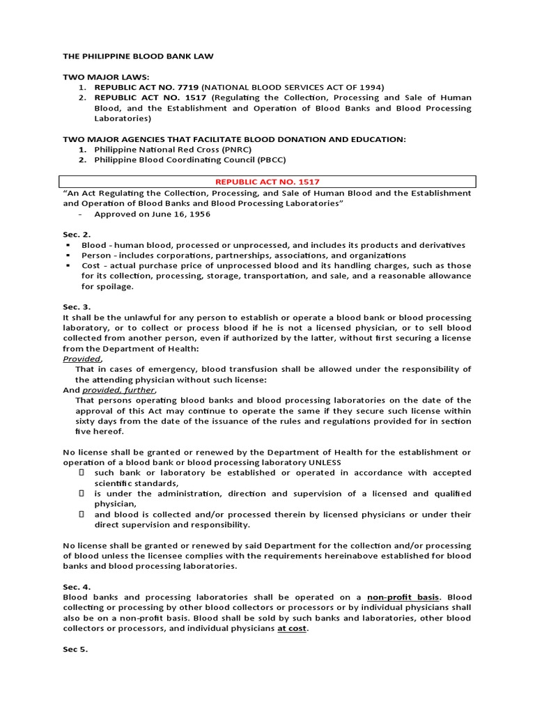 Philippine Blood Bank Law Overview | PDF | Blood Donation | Blood ...