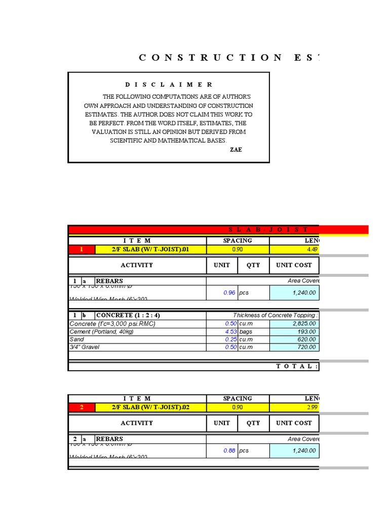 Slab-Joist Estimate | PDF | Concrete | Building Technology