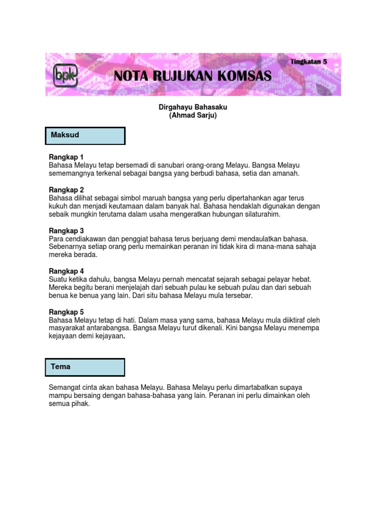 Nota Rujukan Sajak Dirgahayu Bahasaku | PDF