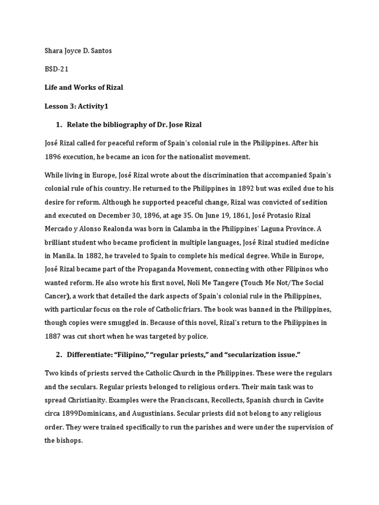The Life and Works of José Rizal and the Secularization Issue in ...