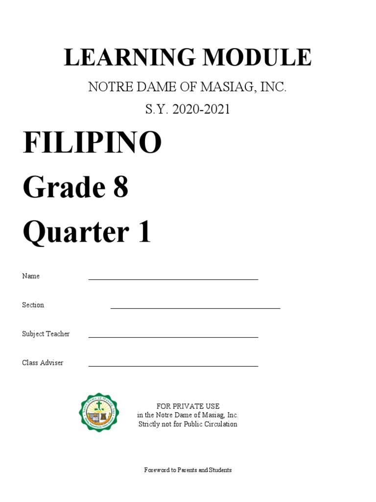 Grade 8 Filipino 1st Quarter Module | PDF | Textbook | Psychological ...