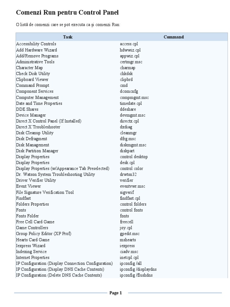 Comenzi Run Pentru Control Panel | PDF | Windows Registry | Microsoft Windows