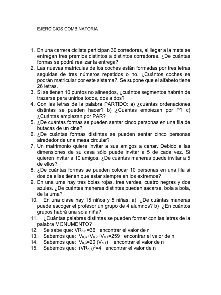Ejercicios Combinatoria | PDF