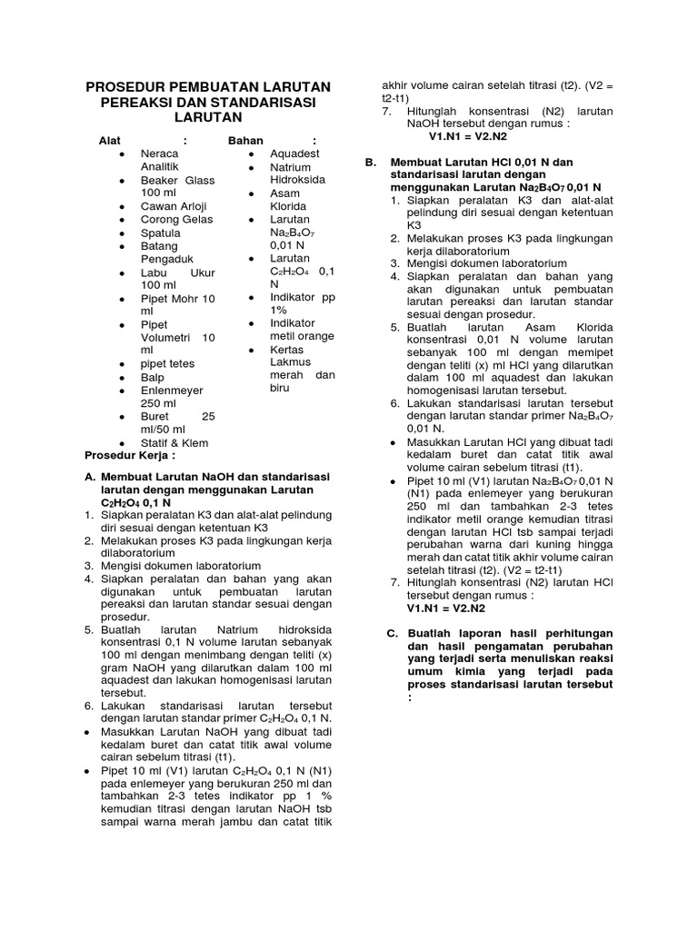 Prosedur Pembuatan Larutan Pereaksi Dan Standarisasi Larutan | PDF