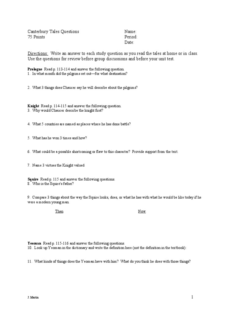 Canterbury Tales Study Questions Guide | PDF | The Canterbury Tales