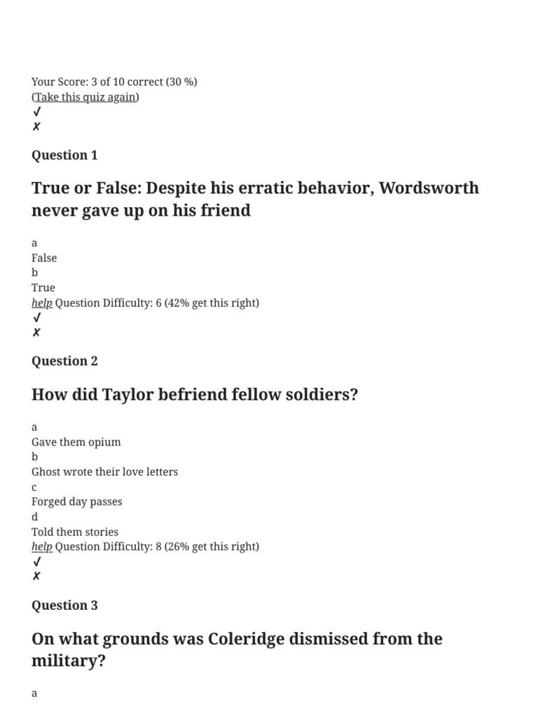 Review of Enotes Quiz Samuel Taylor Coleridge | PDF