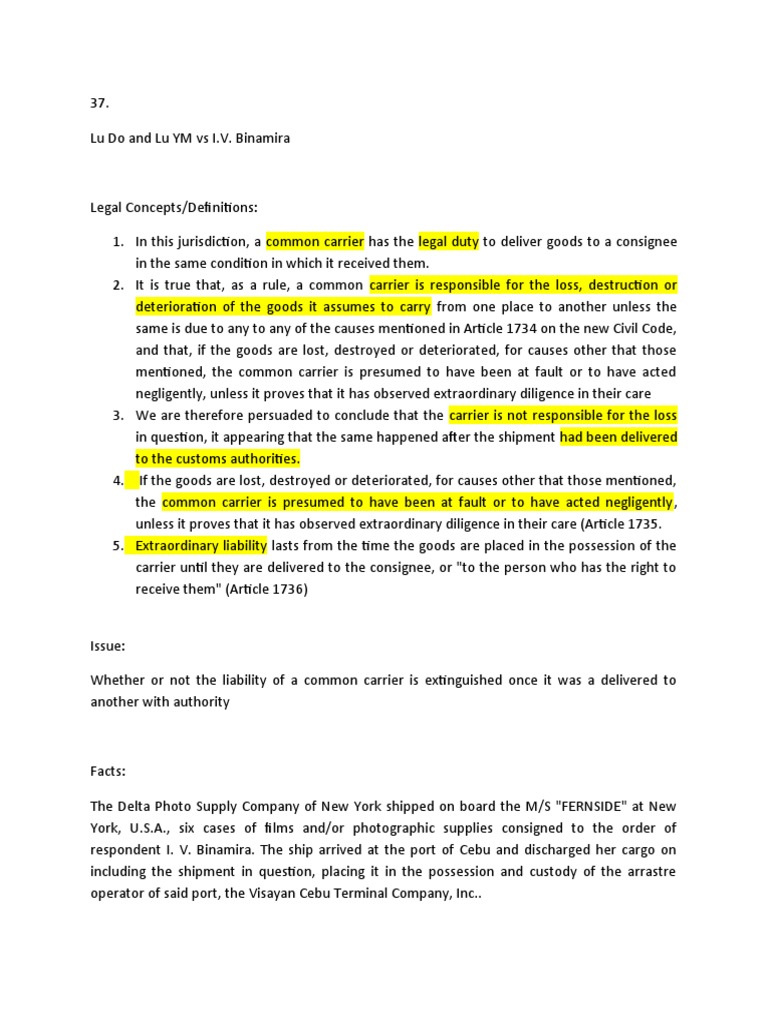 Lu DO and LU YM Vs IV Binamira | PDF | Cargo | Common Carrier
