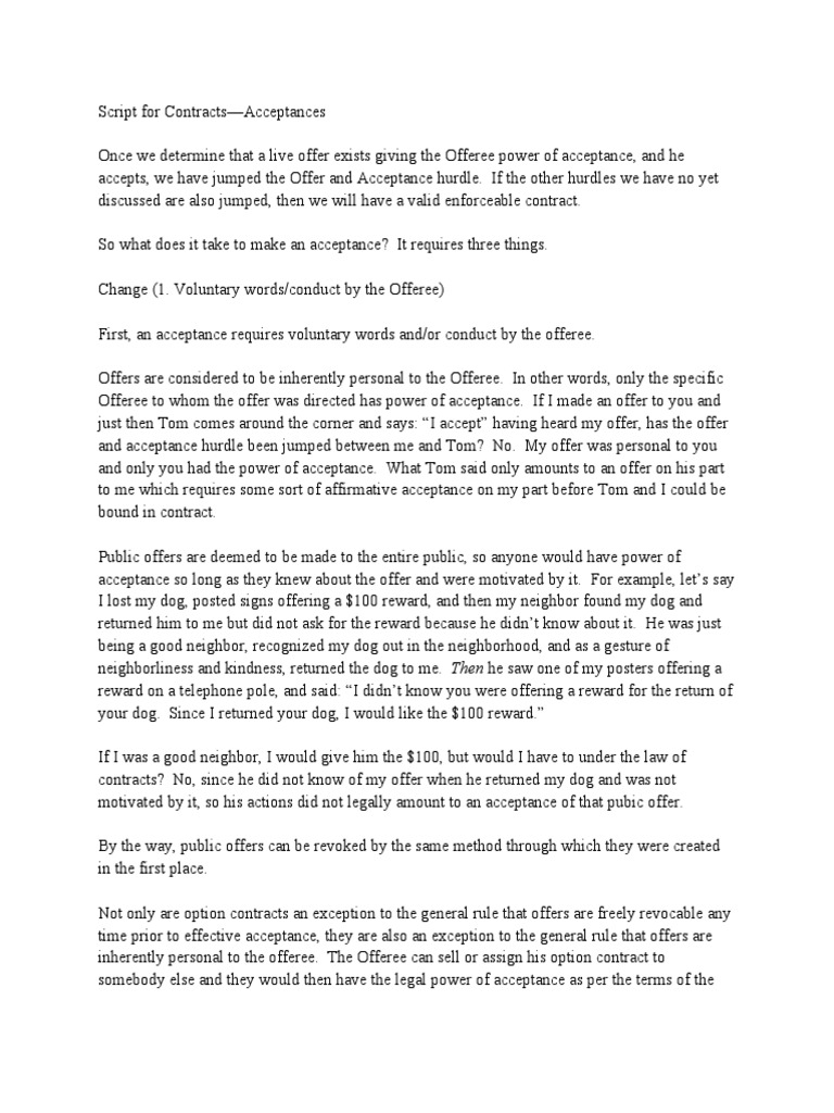 Script For Contracts - Acceptances | Download Free PDF | Offer And ...