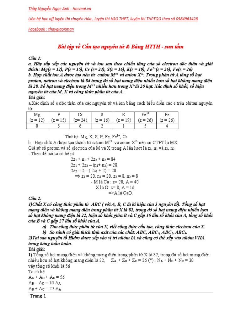 Chuyên đề bài tập cấu tạo nguyên tử và bảng HTTH hay và khó (thầy Ngọc Anh) | PDF
