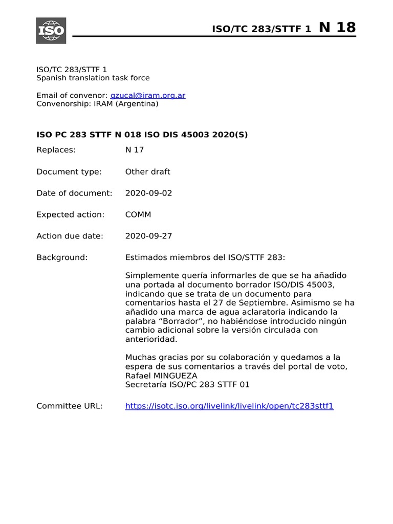 Iso-Tc283-Sttf1 N0018 Iso PC 283 STTF N 018 Iso Dis 45003 2020S | PDF | Organización ...