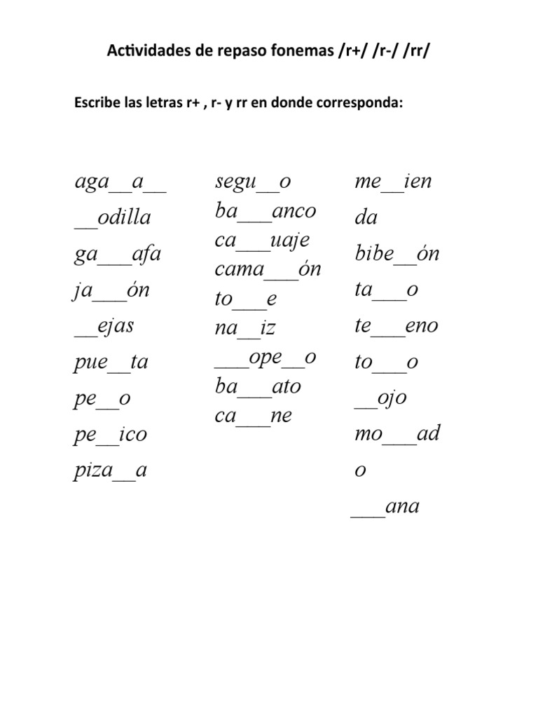 Actividades de Repaso Fonemas R+ RR y R | PDF