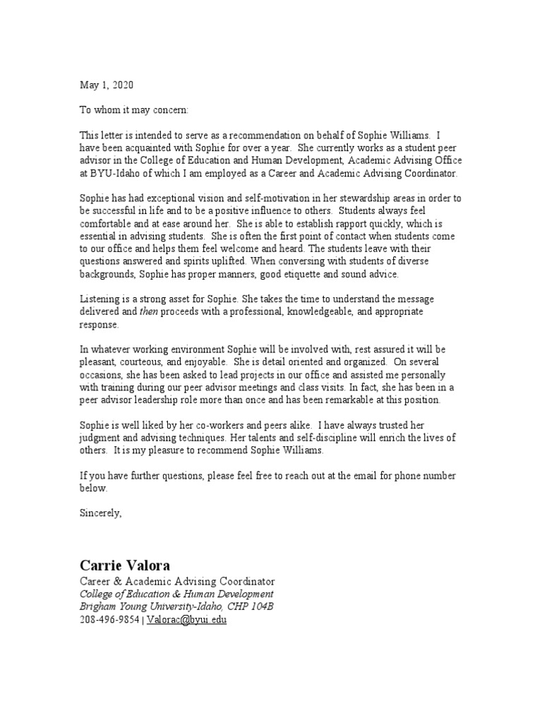 Sophie Letter of Rec | PDF
