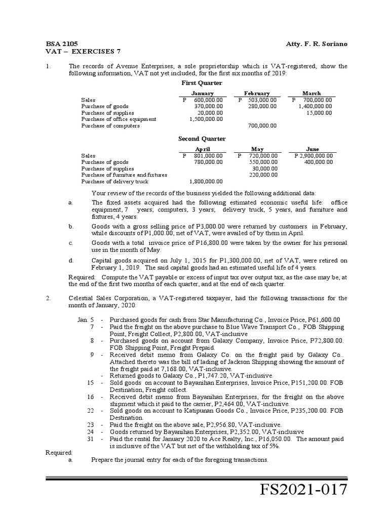 VAT Computation Exercises for Businesses | PDF | Invoice | Value Added Tax