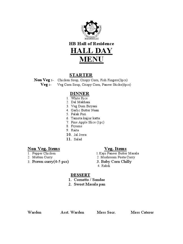 HB Hall Residence Menu Overview | PDF