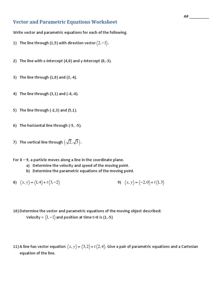 Vector and Parametric Equations Worksheet: Xy T Xy T | PDF