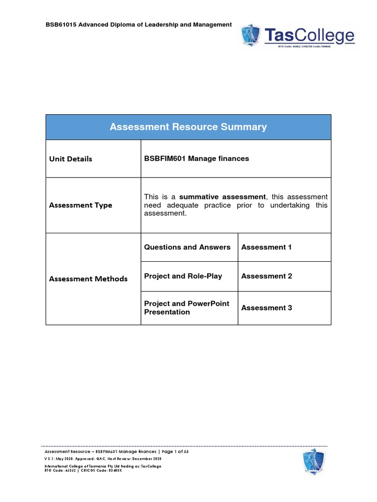 Assessment Resource Summary: Unit Details | PDF | Educational ...