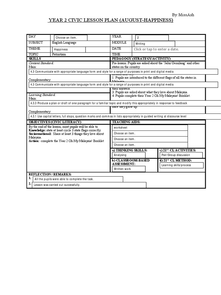 Year 2 Civic Lesson Plan (August-Happiness) : By:Missash | PDF | Lesson ...