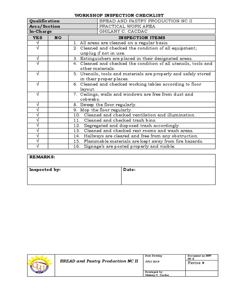 Workshop Inspection Checklist | PDF