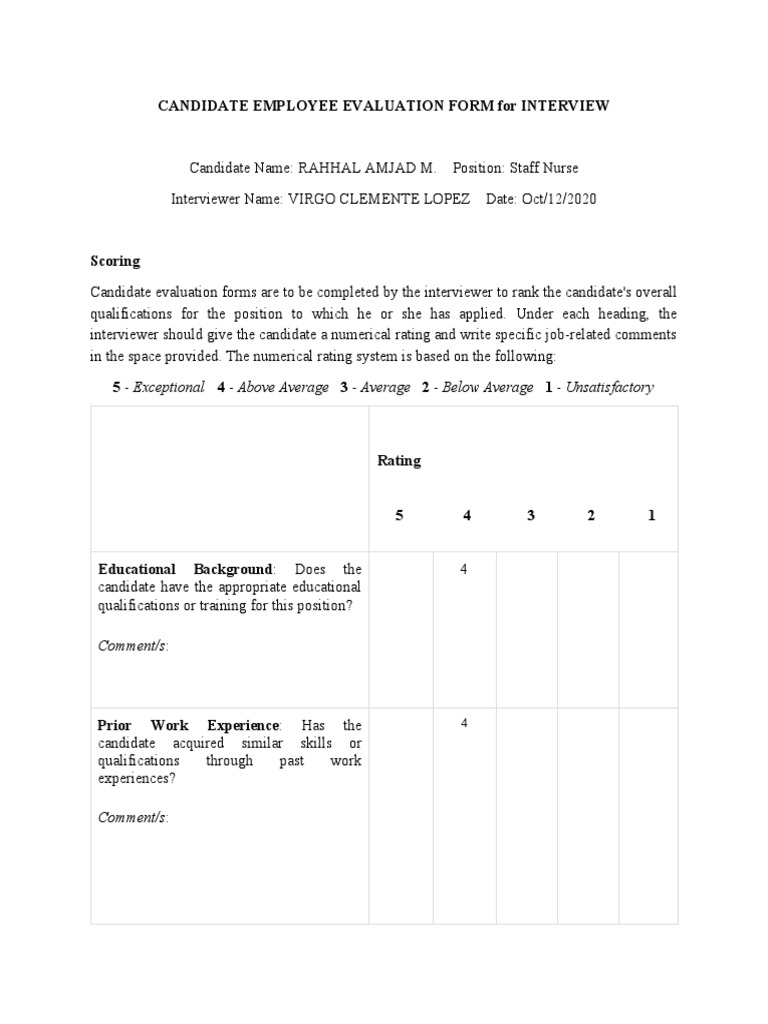 CANDIDATE EMPLOYEE EVALUATION FORM For INTERVIEW | PDF | Skill ...
