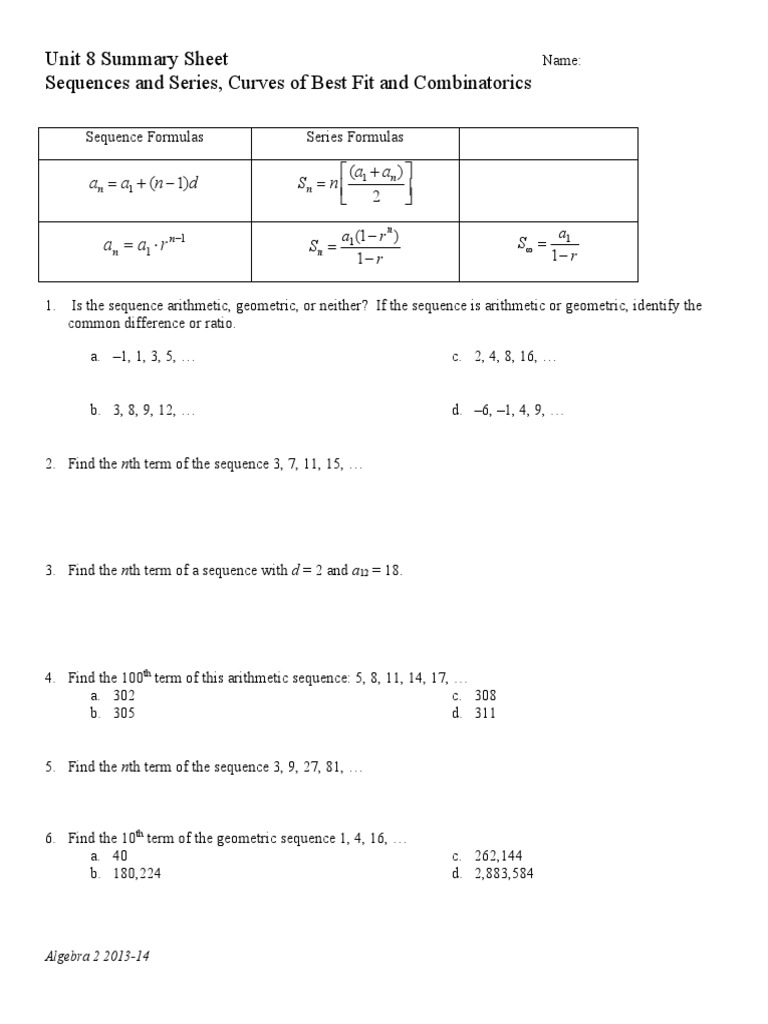 Unit 8 Summary Sheet Sequences and Series, Curves of Best Fit and Combinatorics | PDF ...