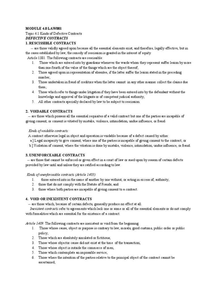 Types of Defective Contracts Explained | PDF | Private Law | Public Law