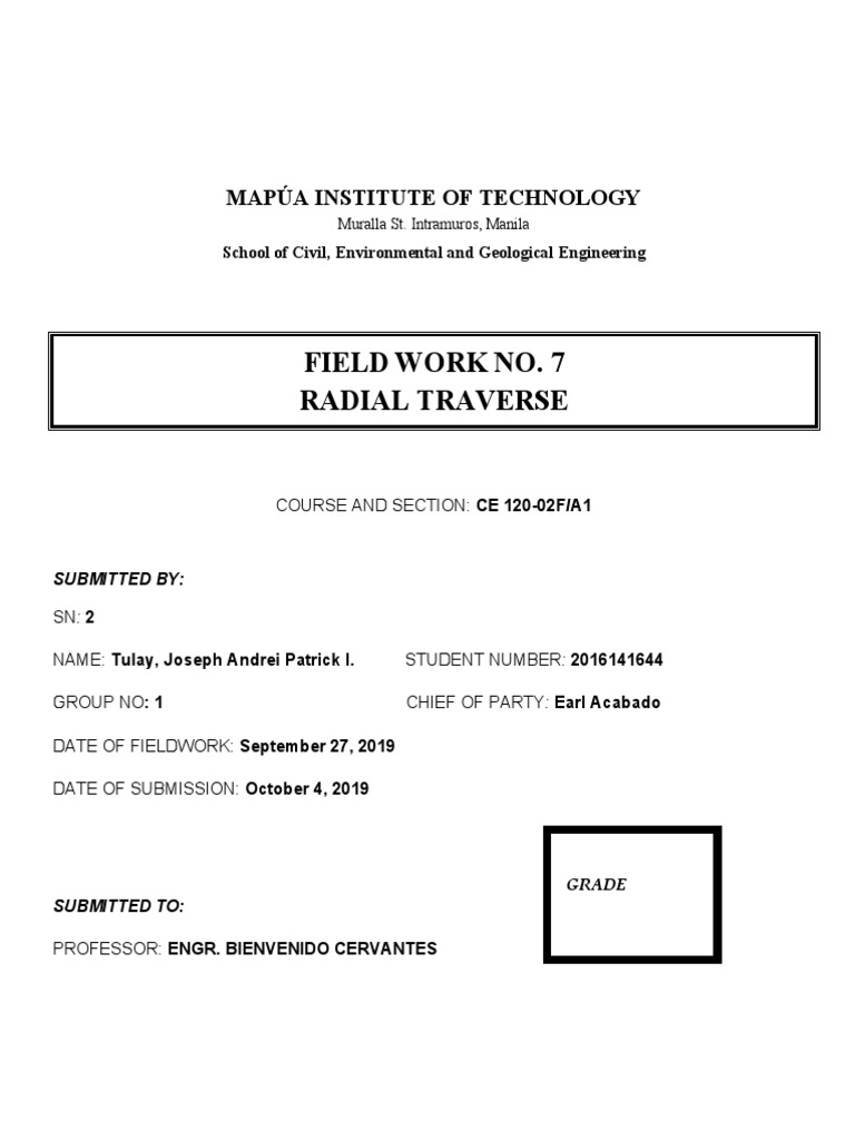 Field Work No. 7 Radial Traverse: Mapúa Institute of Technology | PDF ...