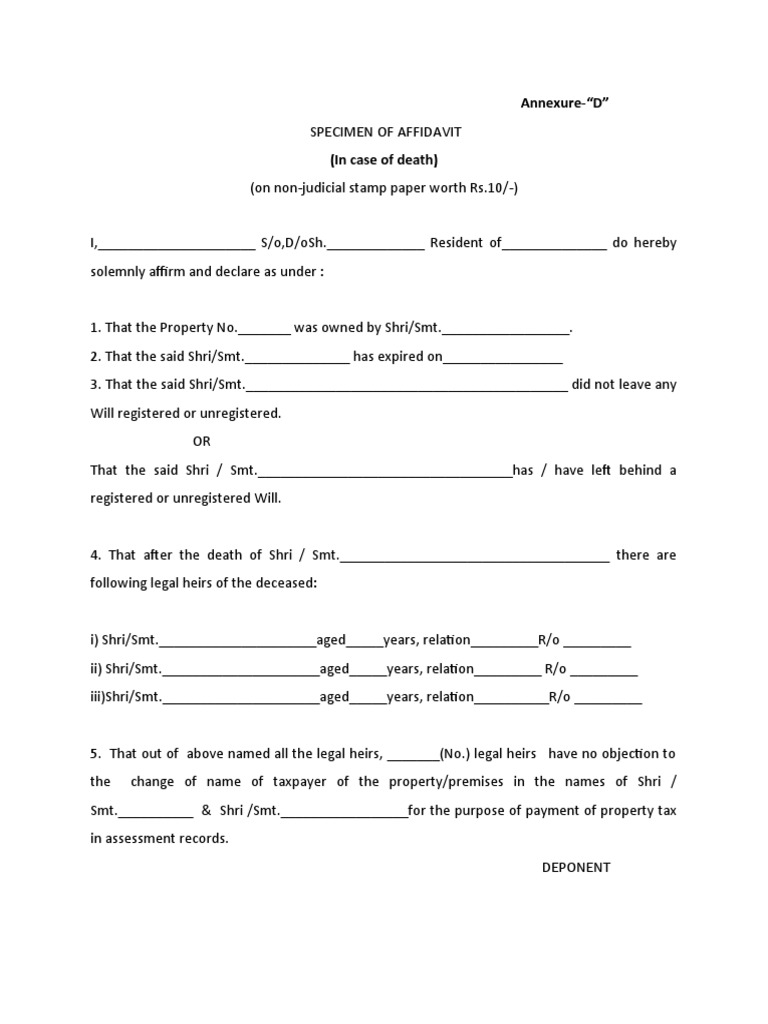 Annexure-"D" Specimen of Affidavit (In Case of Death) | PDF