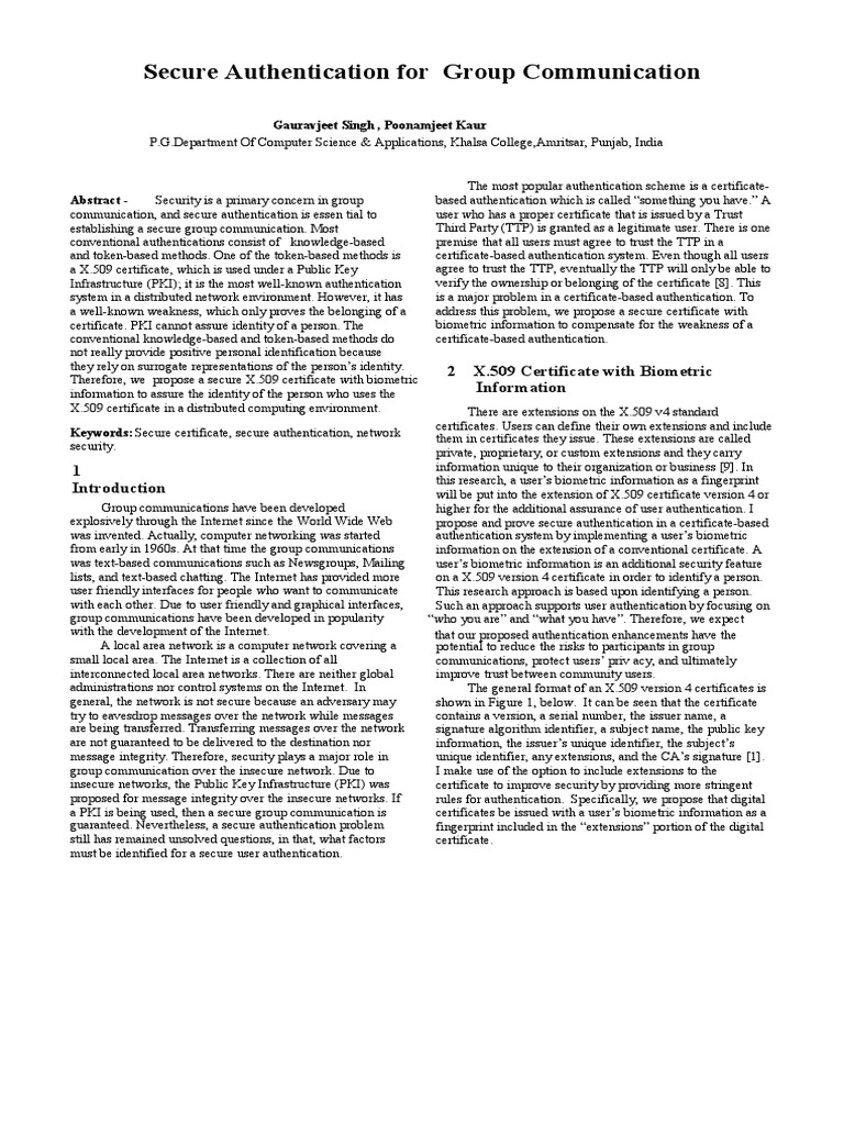 Secure Authentication for Group Communication Using Biometric X.509 ...