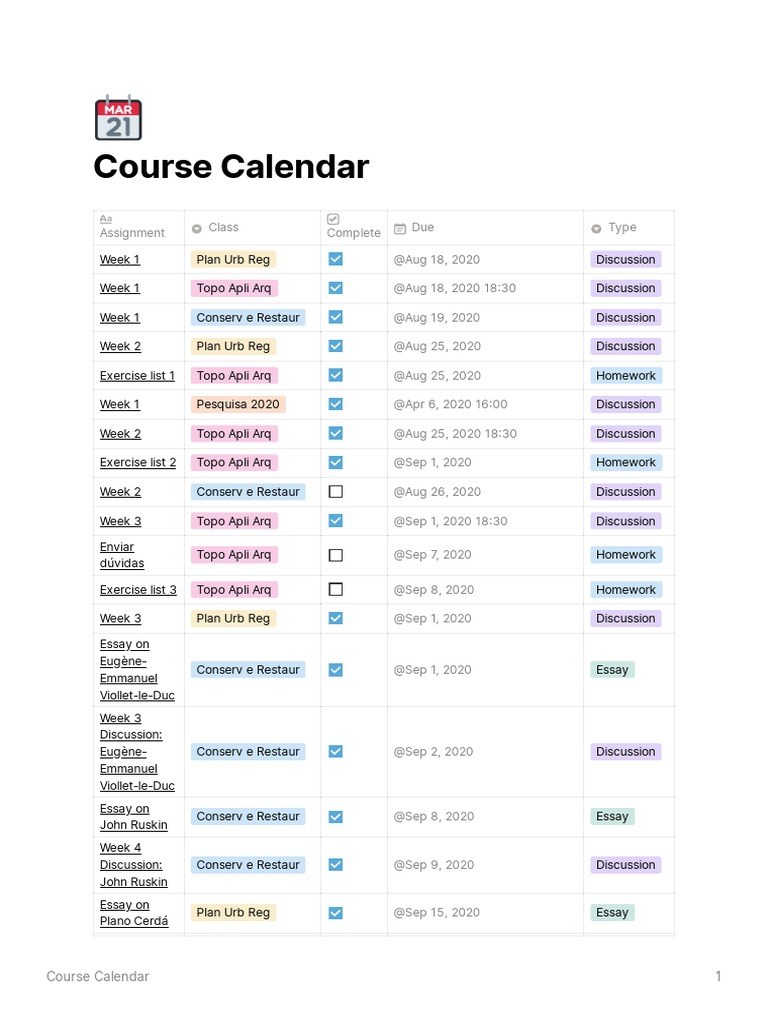 Course Calendar: Assignment Class Complete Due Type | PDF