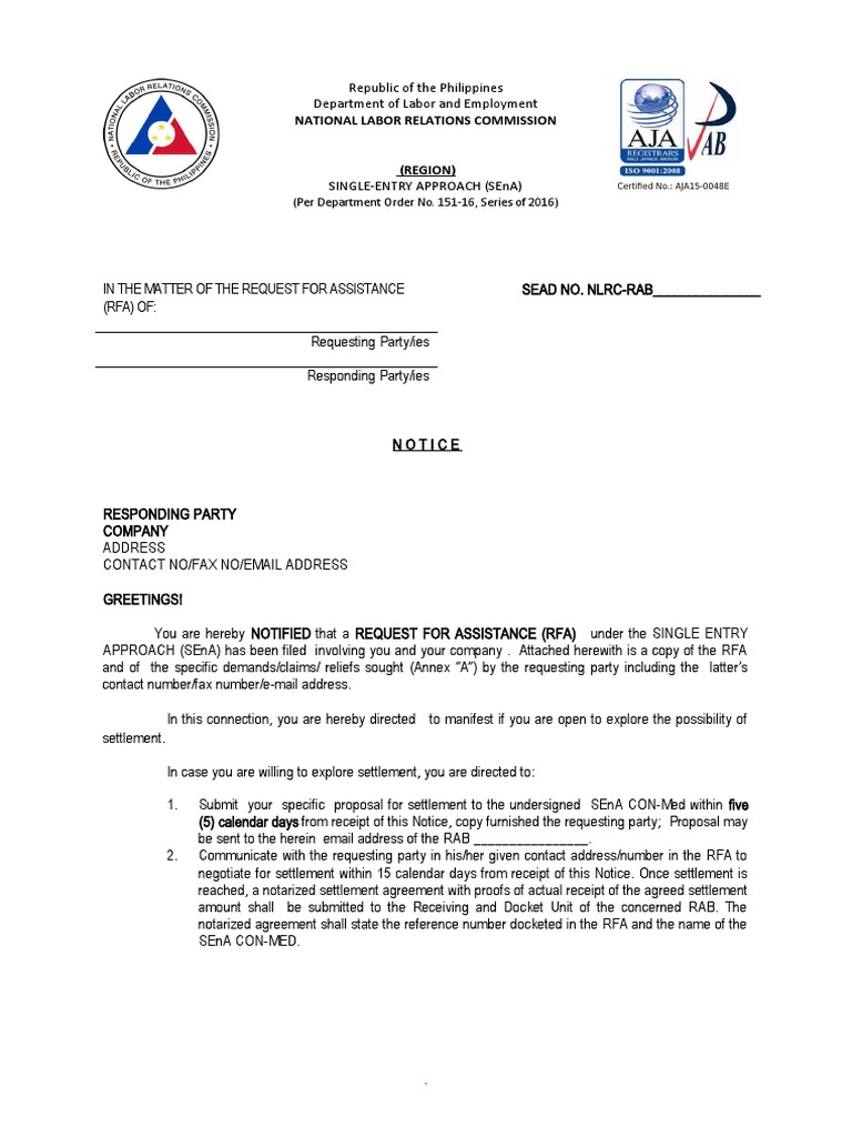 SEnA Notice for Request for Assistance | PDF | Mediation | Common Law