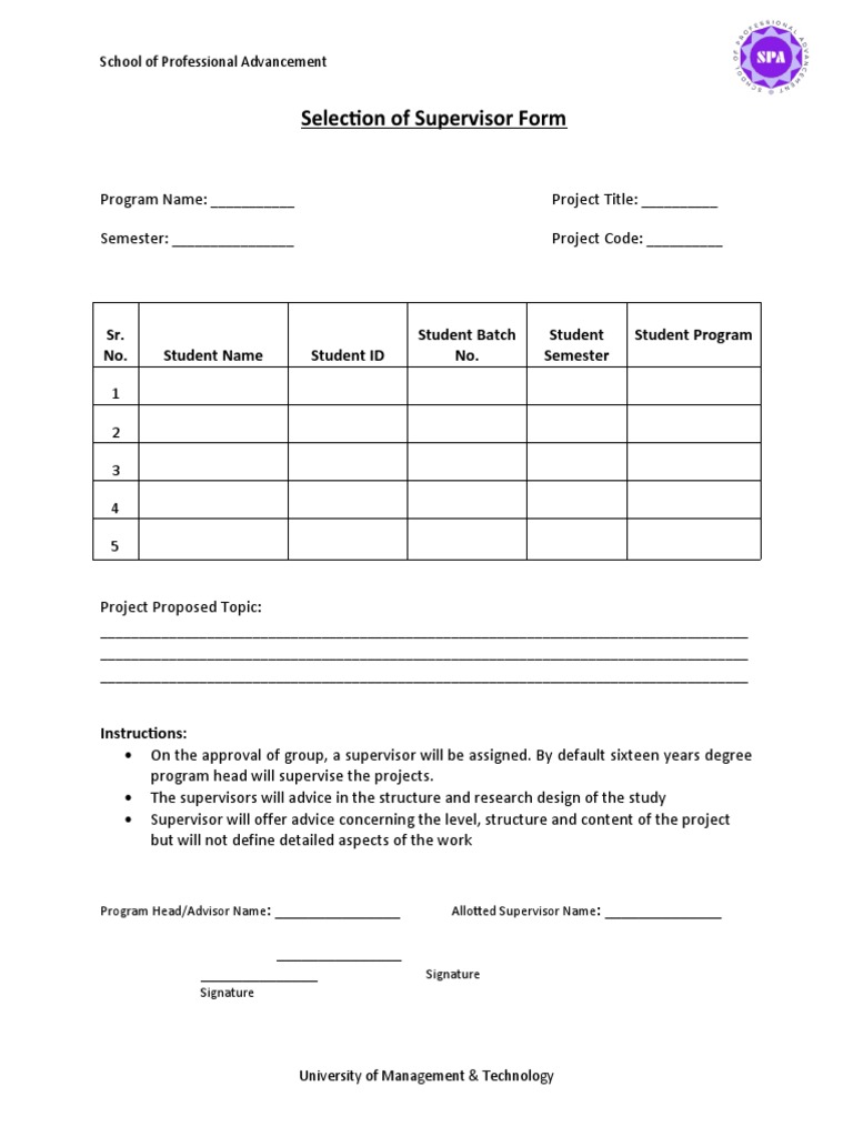 Selection of Supervisor Form | PDF