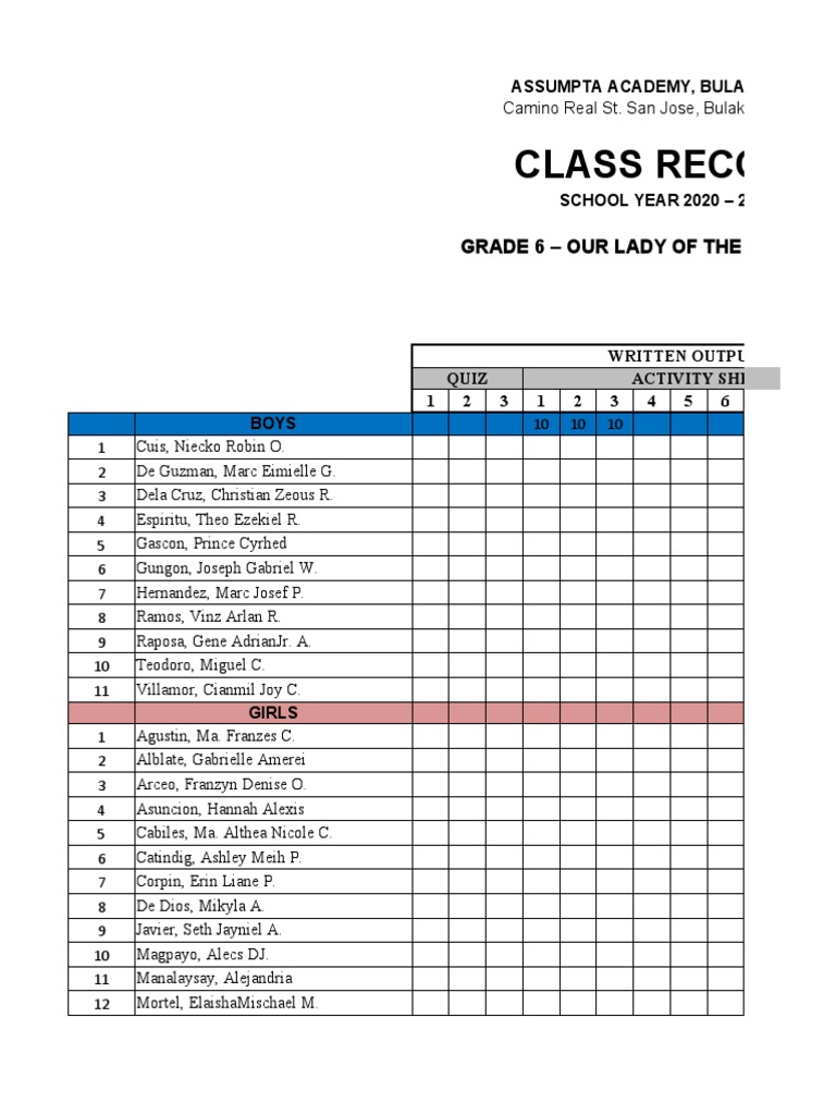 Class-Record-2020-2021 Filipino | PDF