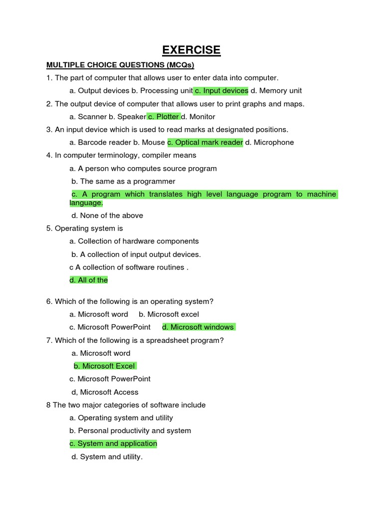 Exercise: Multiple Choice Questions (MCQS) | PDF | Computer Program ...