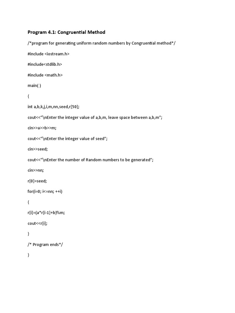 Program of Congruential Method | PDF