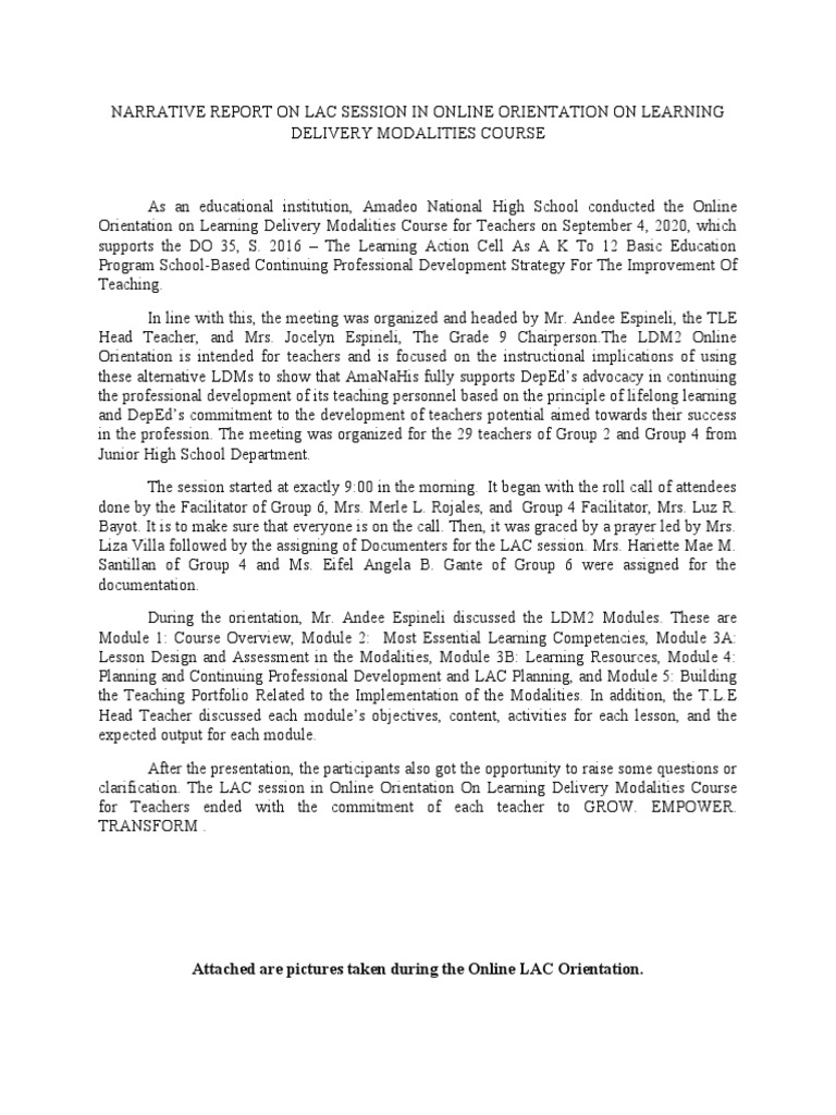 Narrative Report On Lac Session in Online Orientation On Learning ...