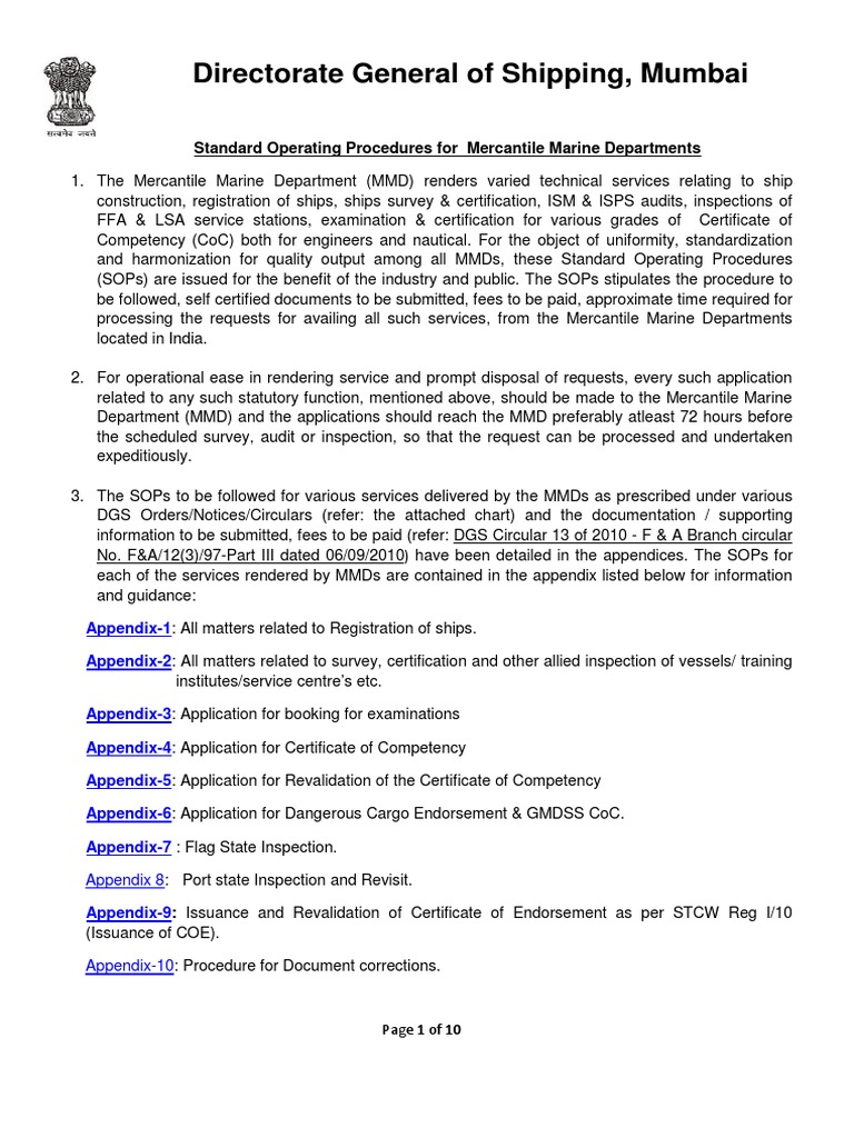 Directorate General of Shipping, Mumbai: Standard Operating Procedures ...