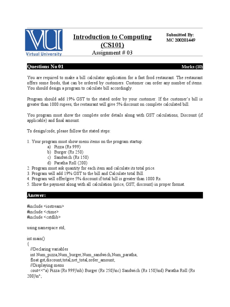 Introduction To Computing (CS101) : Assignment # 03 | PDF | Menu | Restaurant And Catering