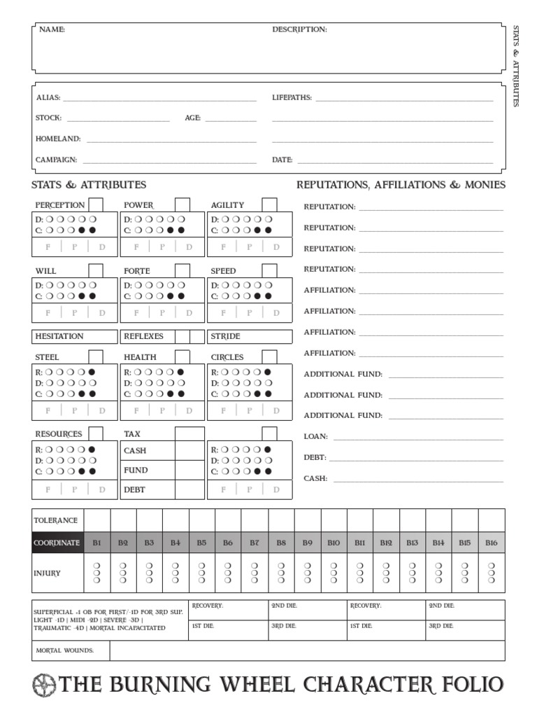 The Burning Wheel Character Folio: Stats & Attributes Reputations ...