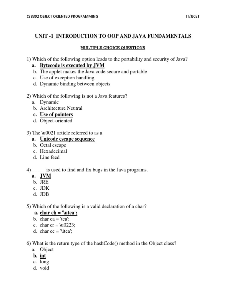 Unit 1 Introduction To Oop And Java Fundamentals Cs8392 Object Oriented Programming It Jjcet