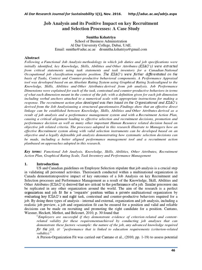 Job Analysis and Its Positive Impact On Key Recruitment and Selection Processes: A Case Study ...