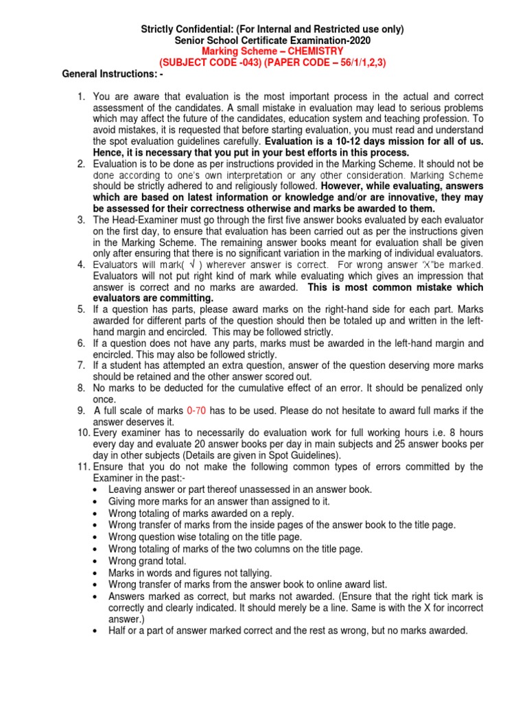 Marking Scheme - Chemistry (Subject Code - 043) (Paper Code - 56/1/1,2,3) | PDF ...