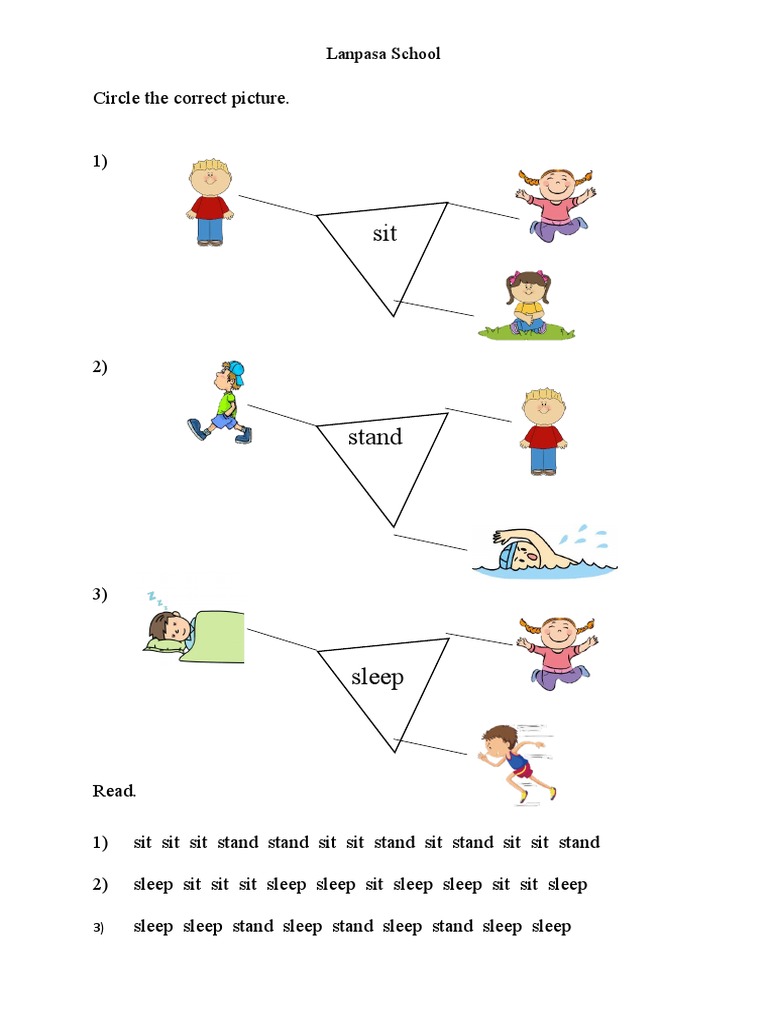E0.1.6 Verbs, Sit Stand Sleep (Circle The Correct Picture) | PDF