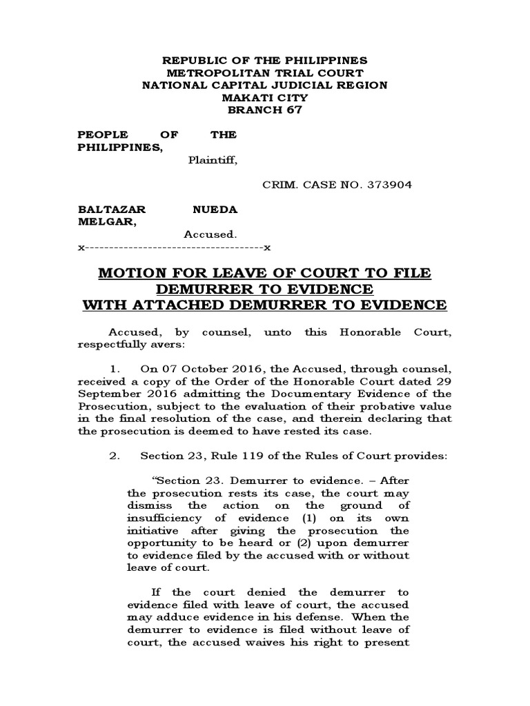 Motion For Leave Demurrer) Melgar | PDF | Demurrer | Virtue